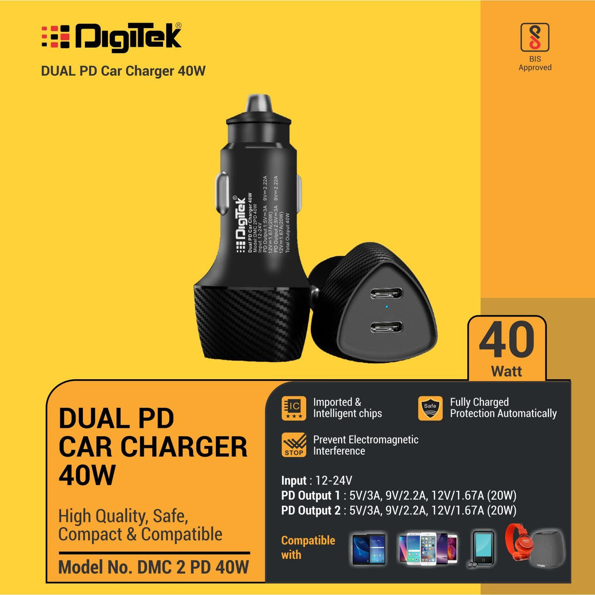 Digitek DMC 2PD 40W Dual Port Fast Car Charger with Dual Type-C PD Por ...