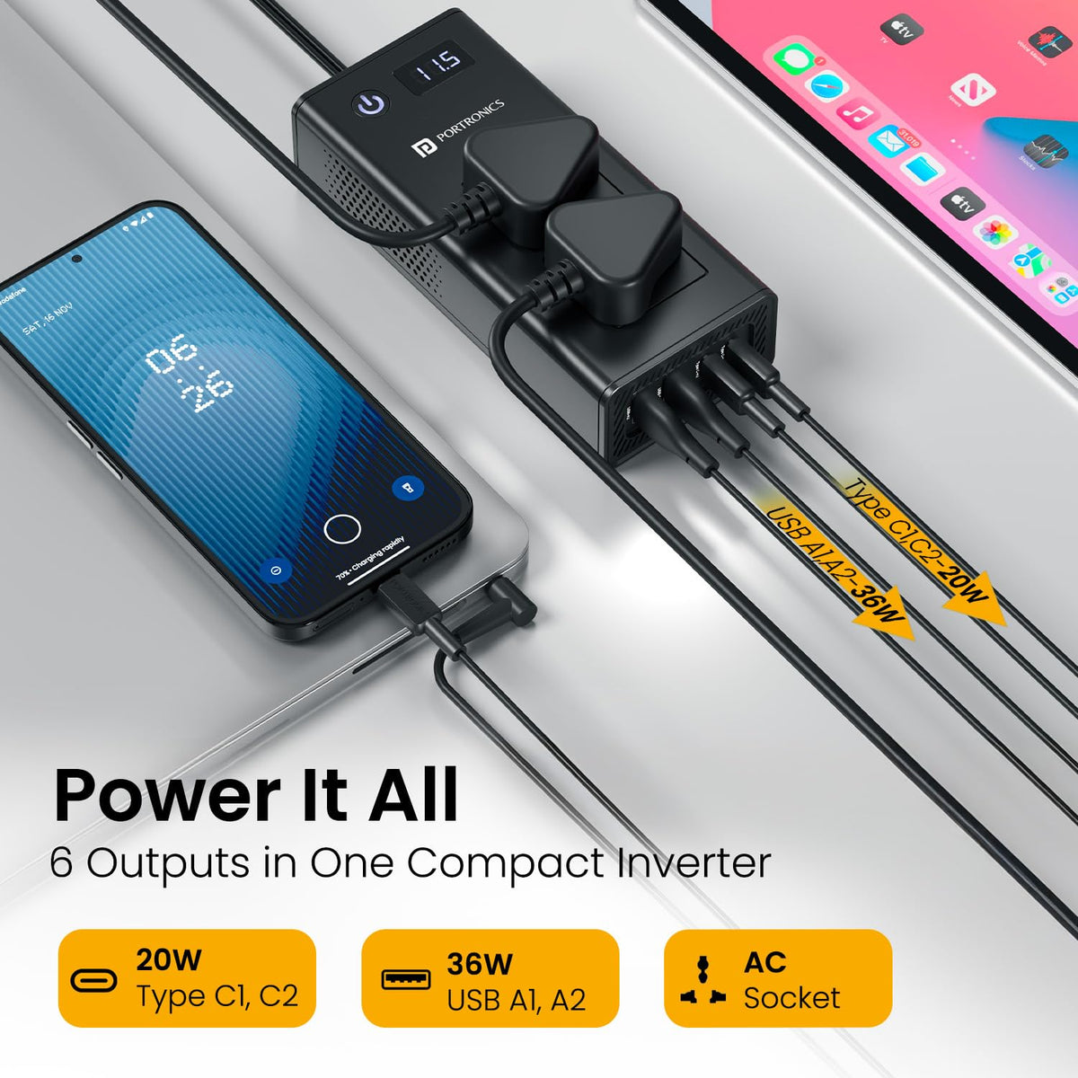 Portronics Zaptor 200W Car Inverter with Dual AC Sockets, 20W Type ...