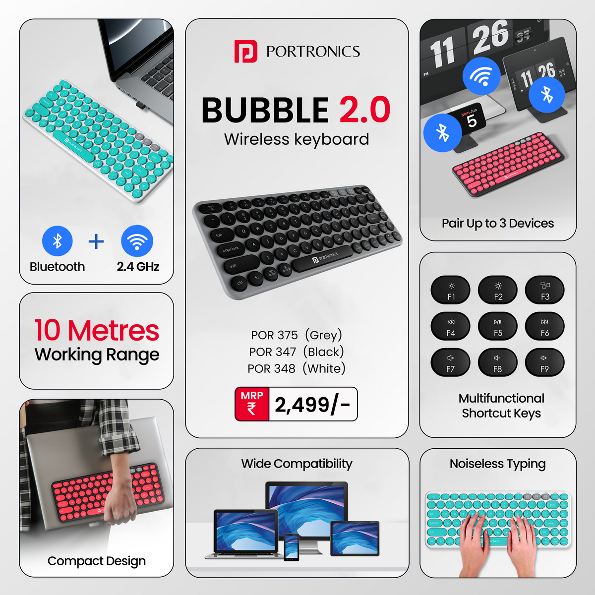 portronics bubble 2.0 wireless keyboard with bluetooth 2.4 ghz receive ...